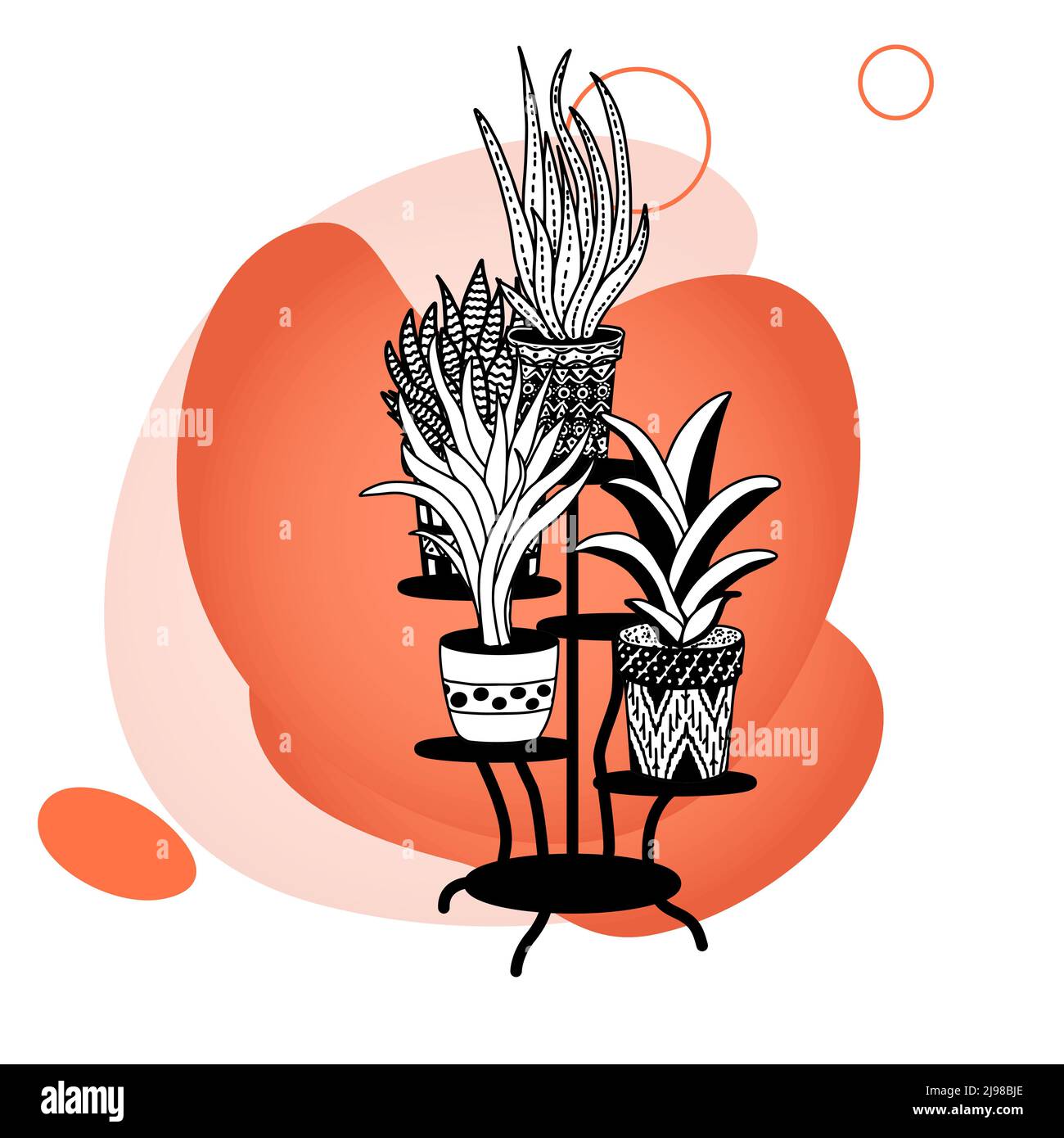 Potted flowers on a stand, home decor on a colored background. Hand ...