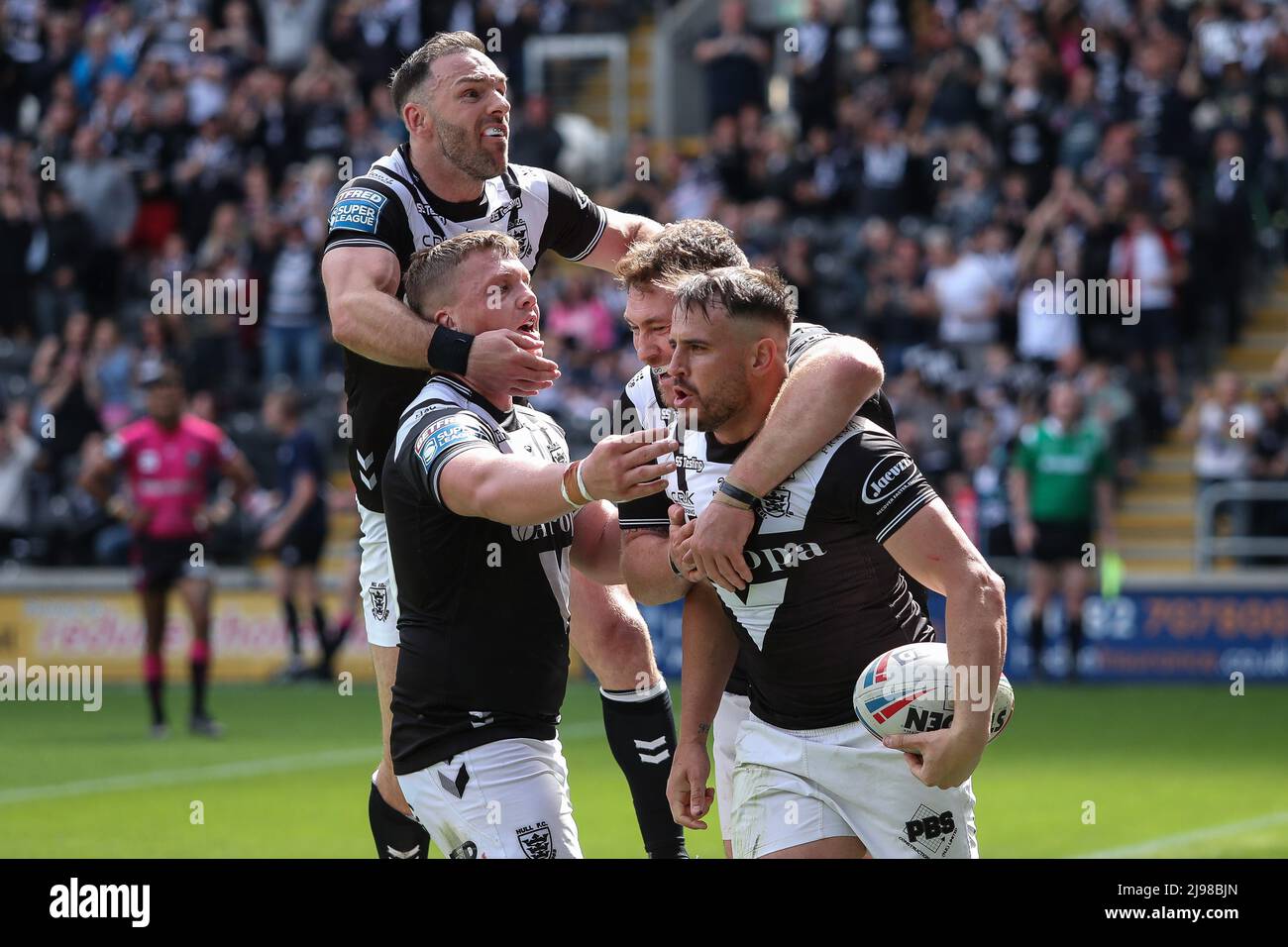 Luke Gale #7 of Hull FC celebrates Josh Reynolds’ try in the first half ...