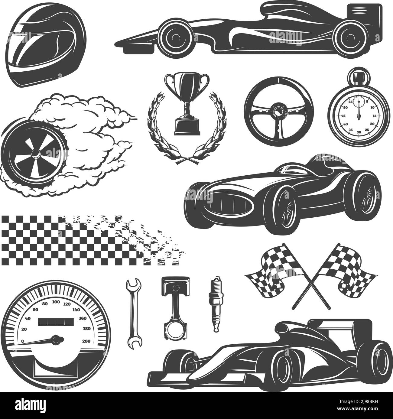 Racing black and isolated icon set with tools and equipment for street ...