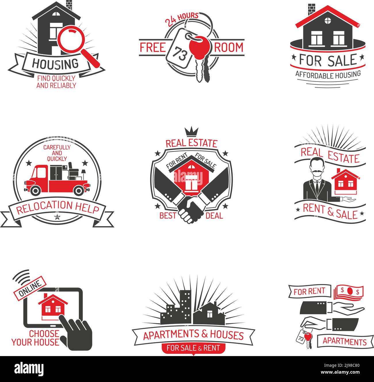 Real estate for rent and sale black red labels set on white background ...