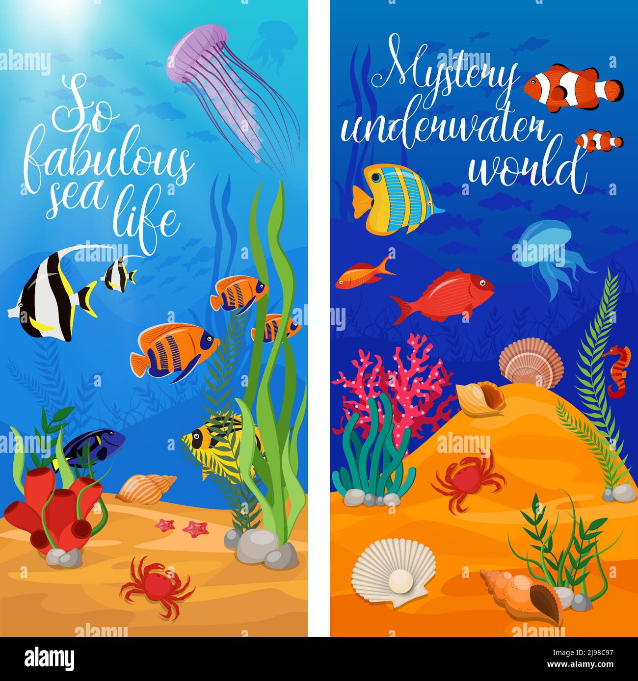 Two vertical sea life animals plants banner set with fish and titles ...