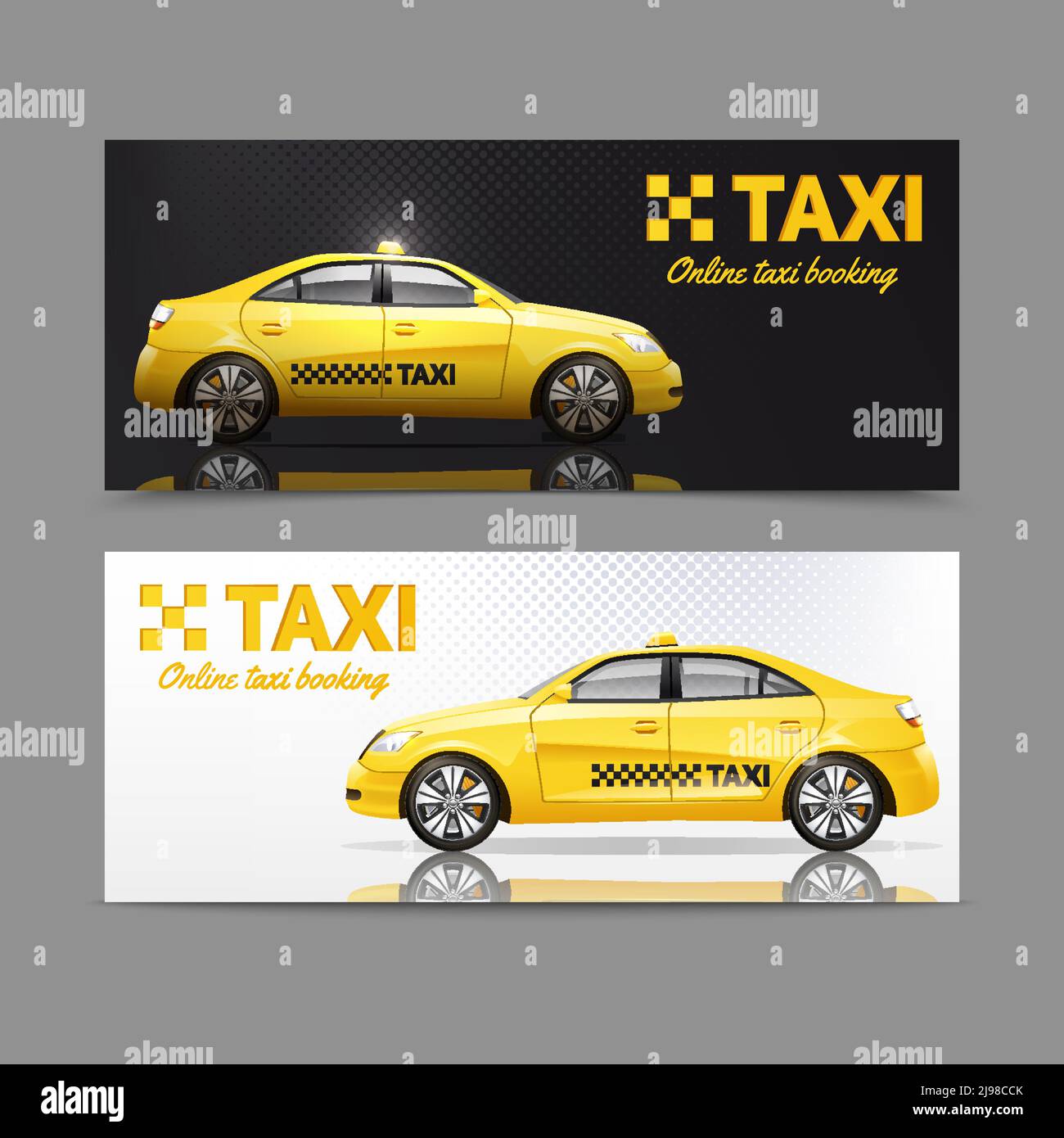 Taxi service horizontal banner set with yellow cars with reflection ...