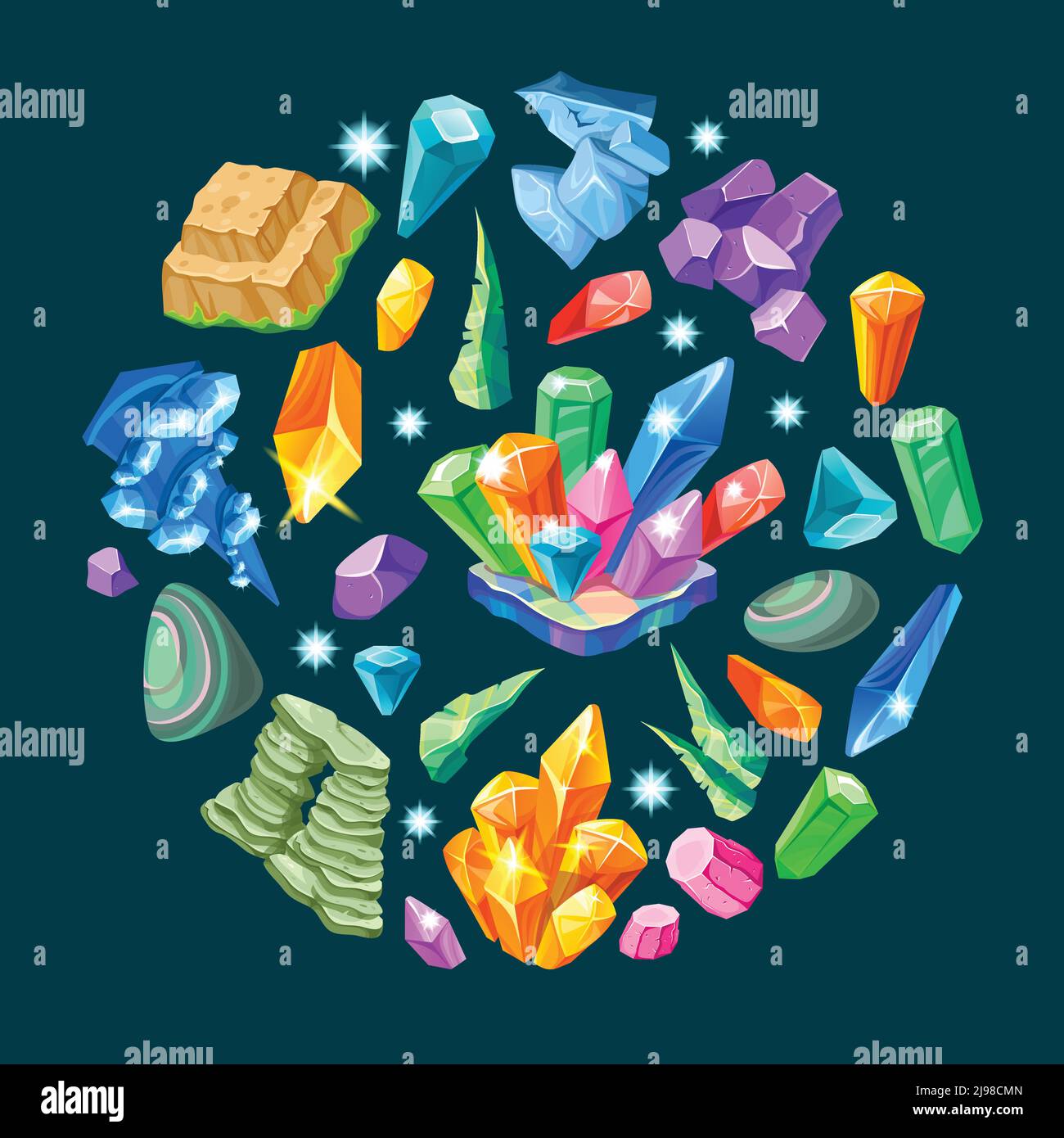 Stones decoration isometric set in round shape with crystals and ...