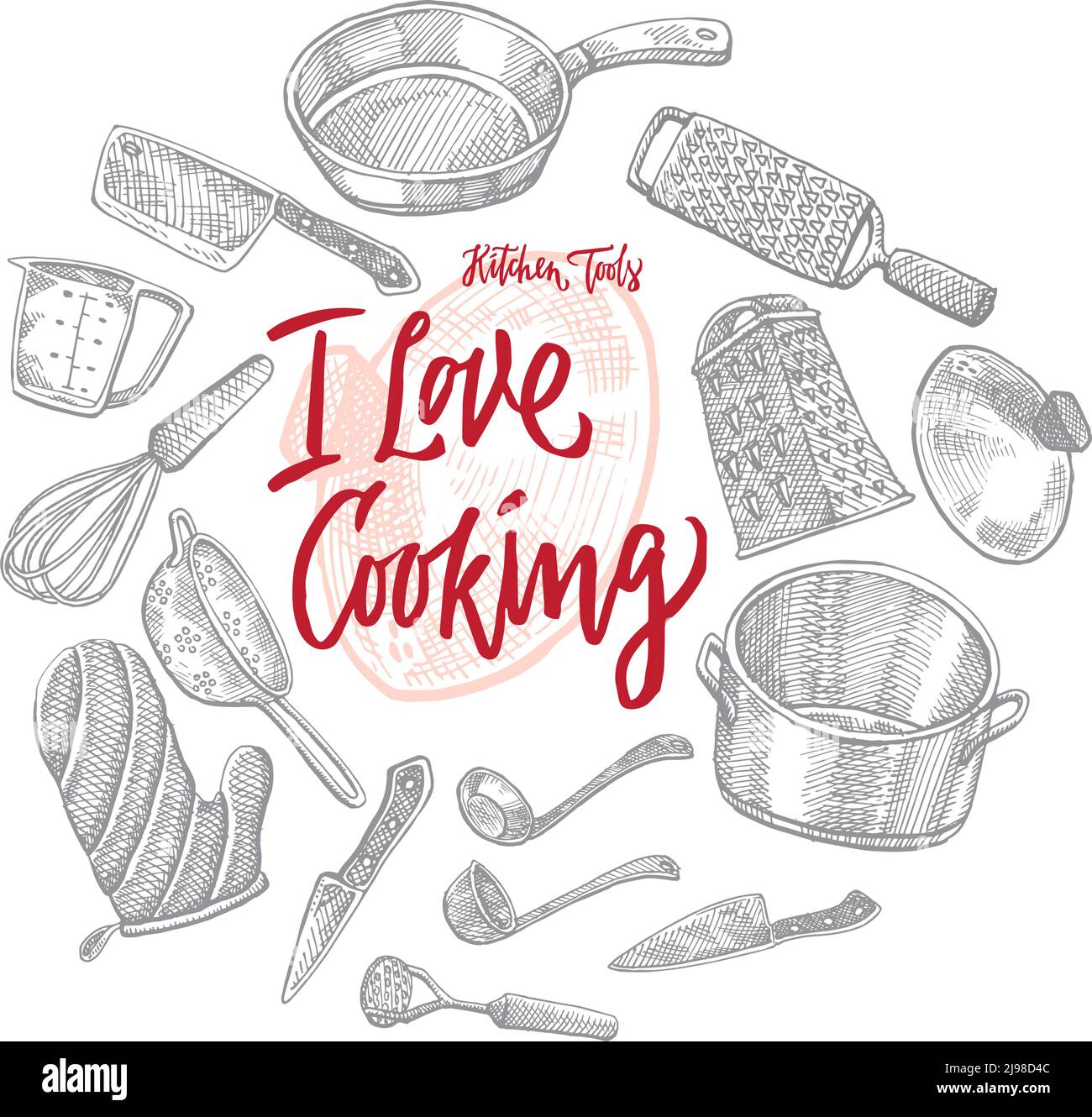 Sketch kitchen utensils round concept with different cooking tools and ...