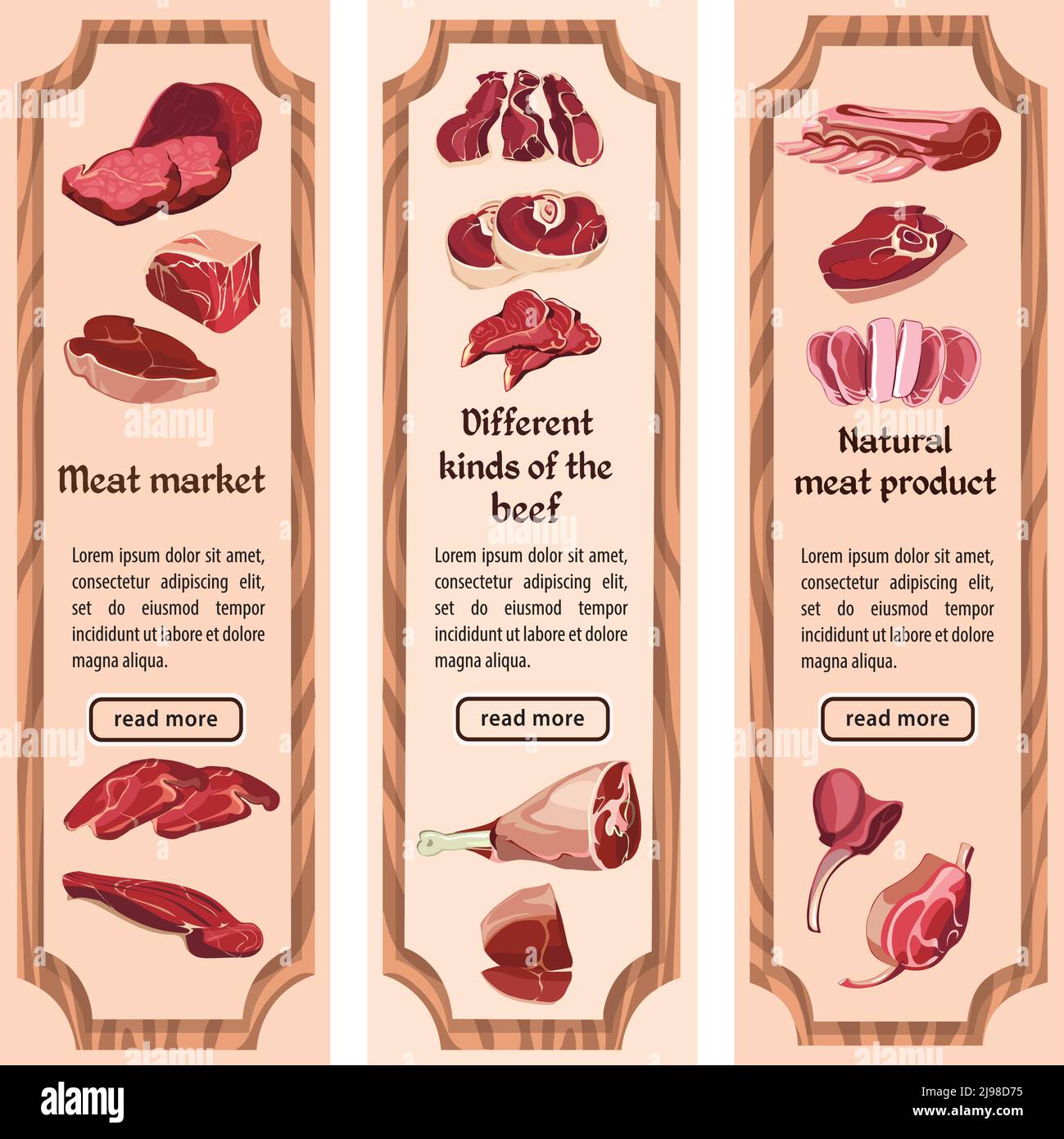 Sketch colorful meat vertical banners with text and various parts of ...