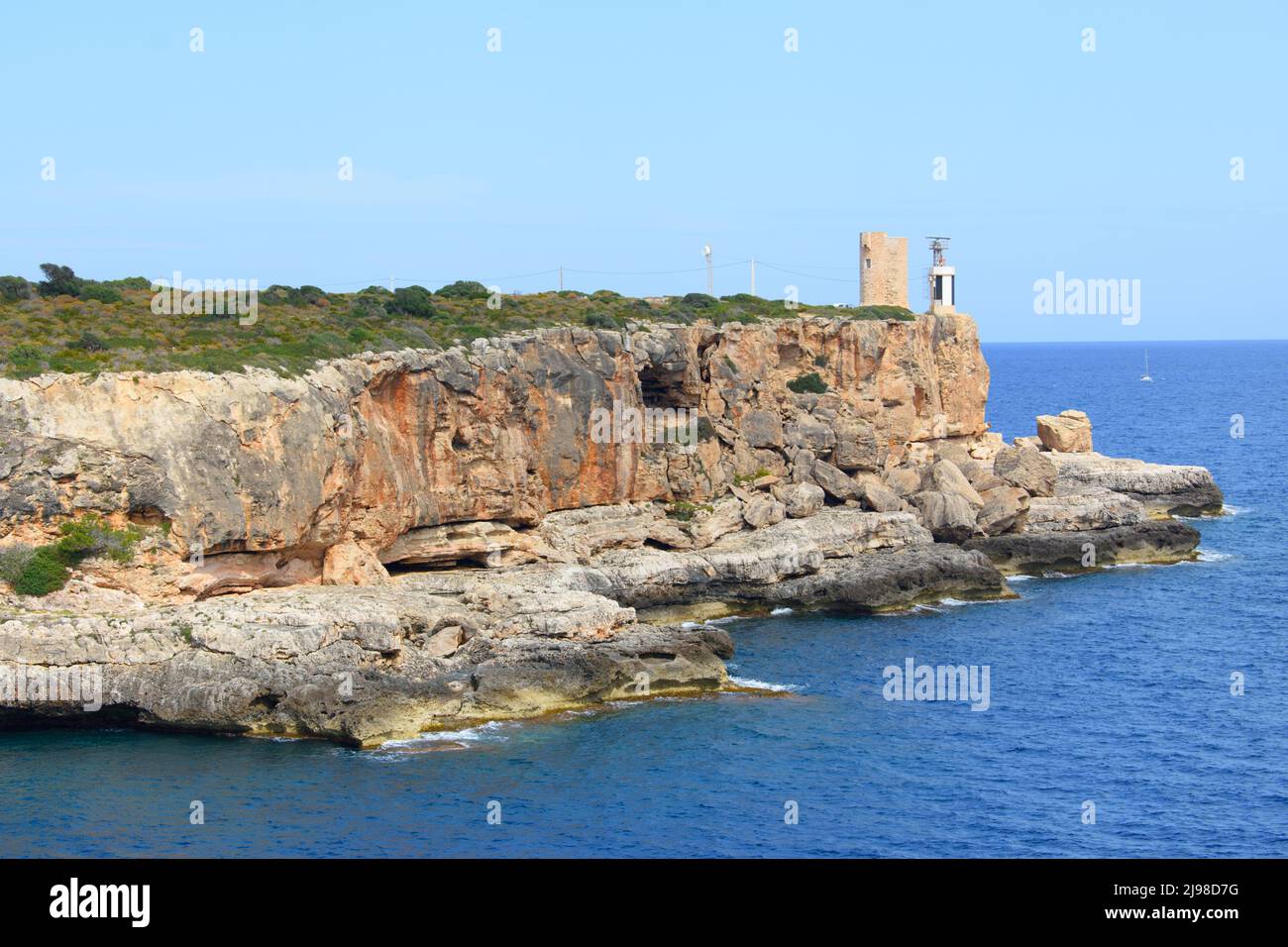 Watchtower Torre d'en Beu in Cala Figuera, Mallorca, Spain. Blue sea ...