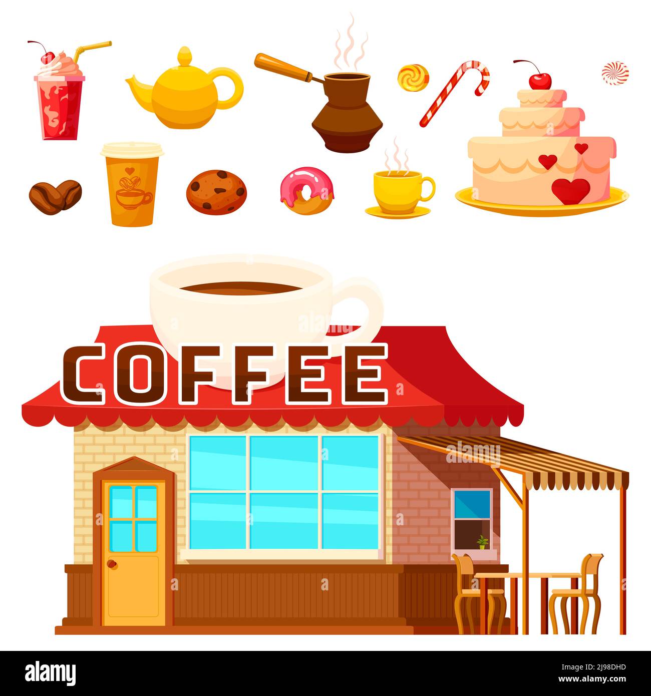 Isolated coffee shop house image and menu items cartoon icons set with ...
