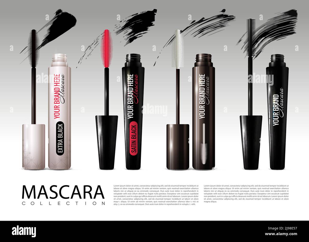 Realistic cosmetic mascara collection of different colors with black ...