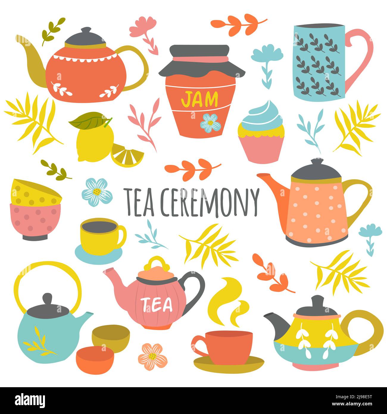 Tea ceremony hand drawn composition with ceramic pots cups colorful ...