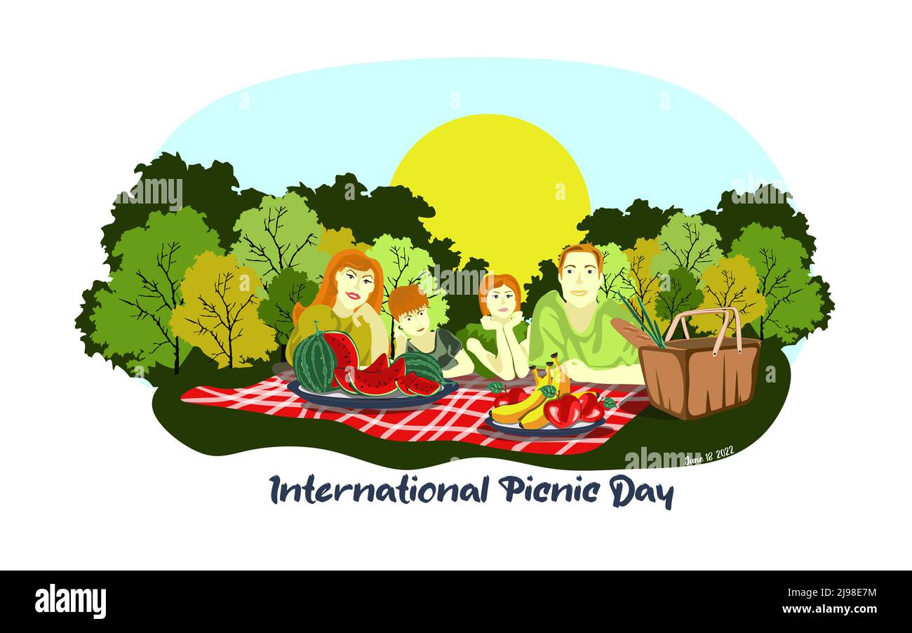 Happy European family enjoying picnic. Picnic Day banner. They are are ...