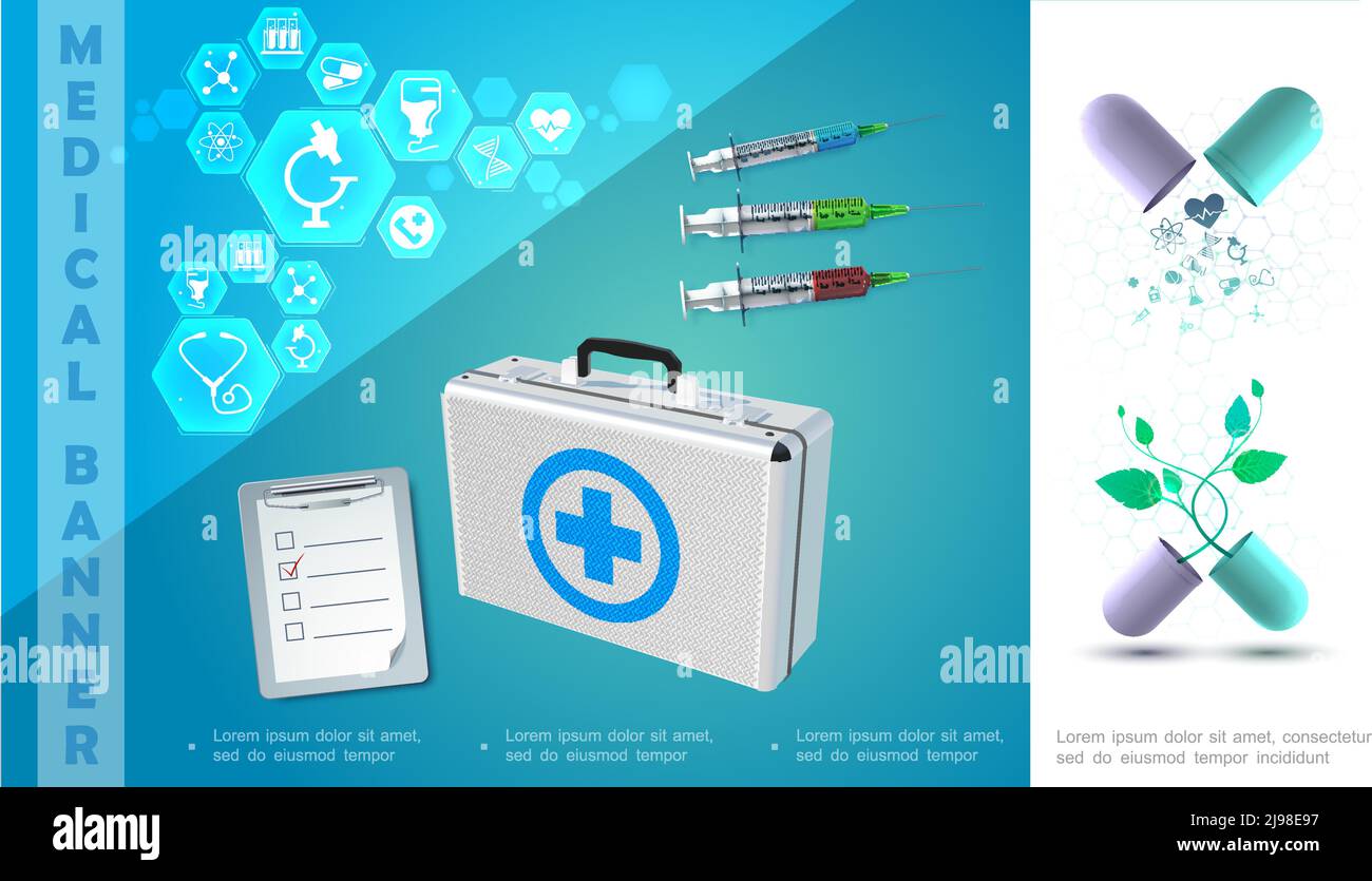 Realistic medicine colorful composition with notepad syringes broken ...