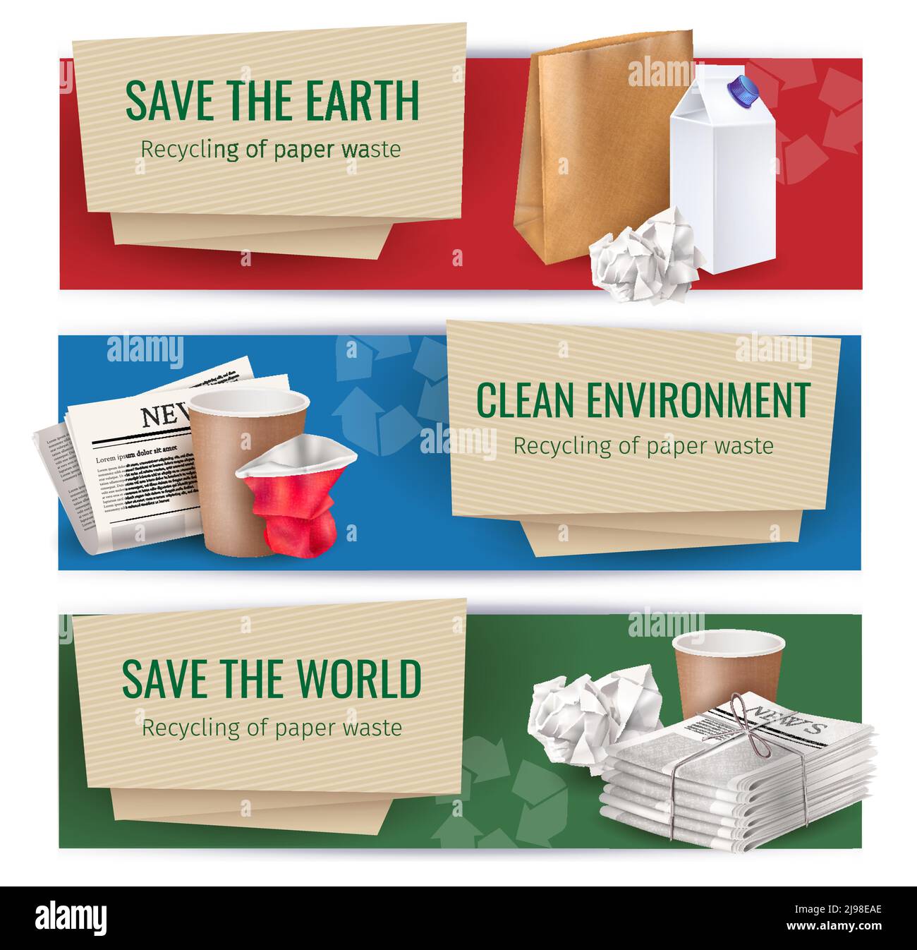 Trash and waste horizontal banners set with clean environment symbols ...