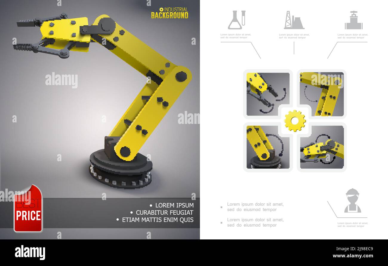 Realistic modern industrial concept with mechanical robotic manipulator and oil industry icons ...