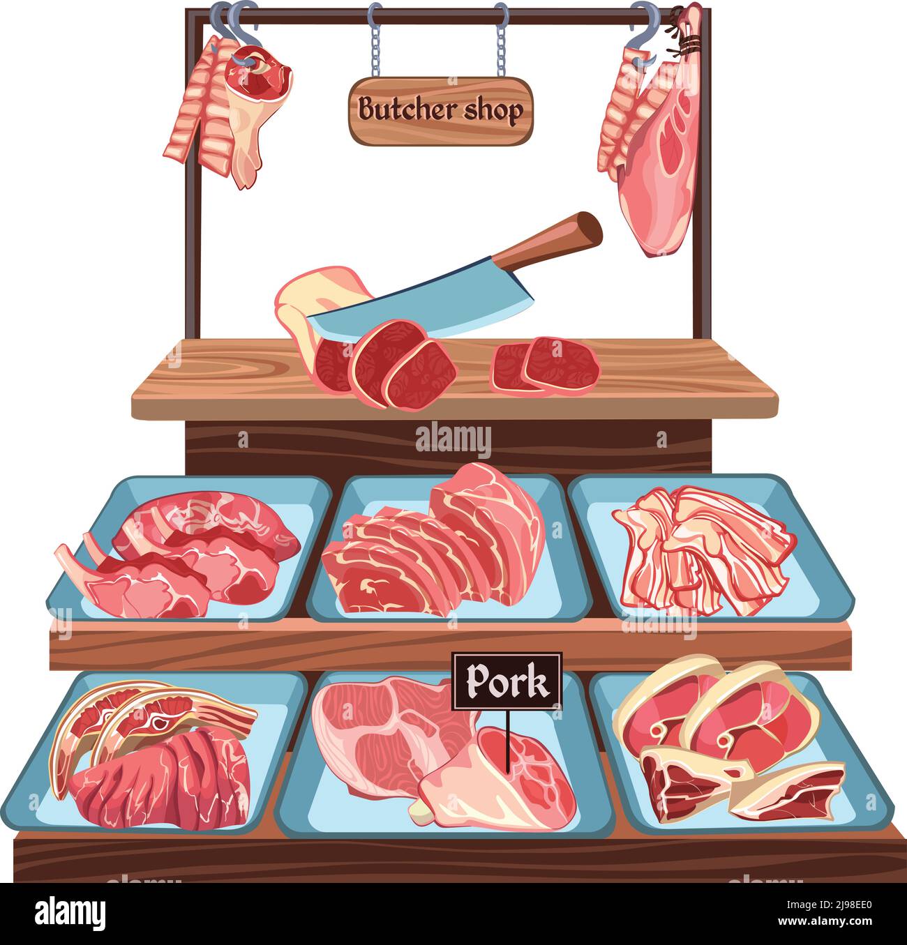 Sketch butcher shop concept with knife on wooden board and cutting pork ...