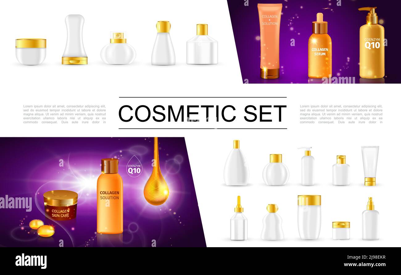 Realistic cosmetic packages collection with bottles and containers for ...