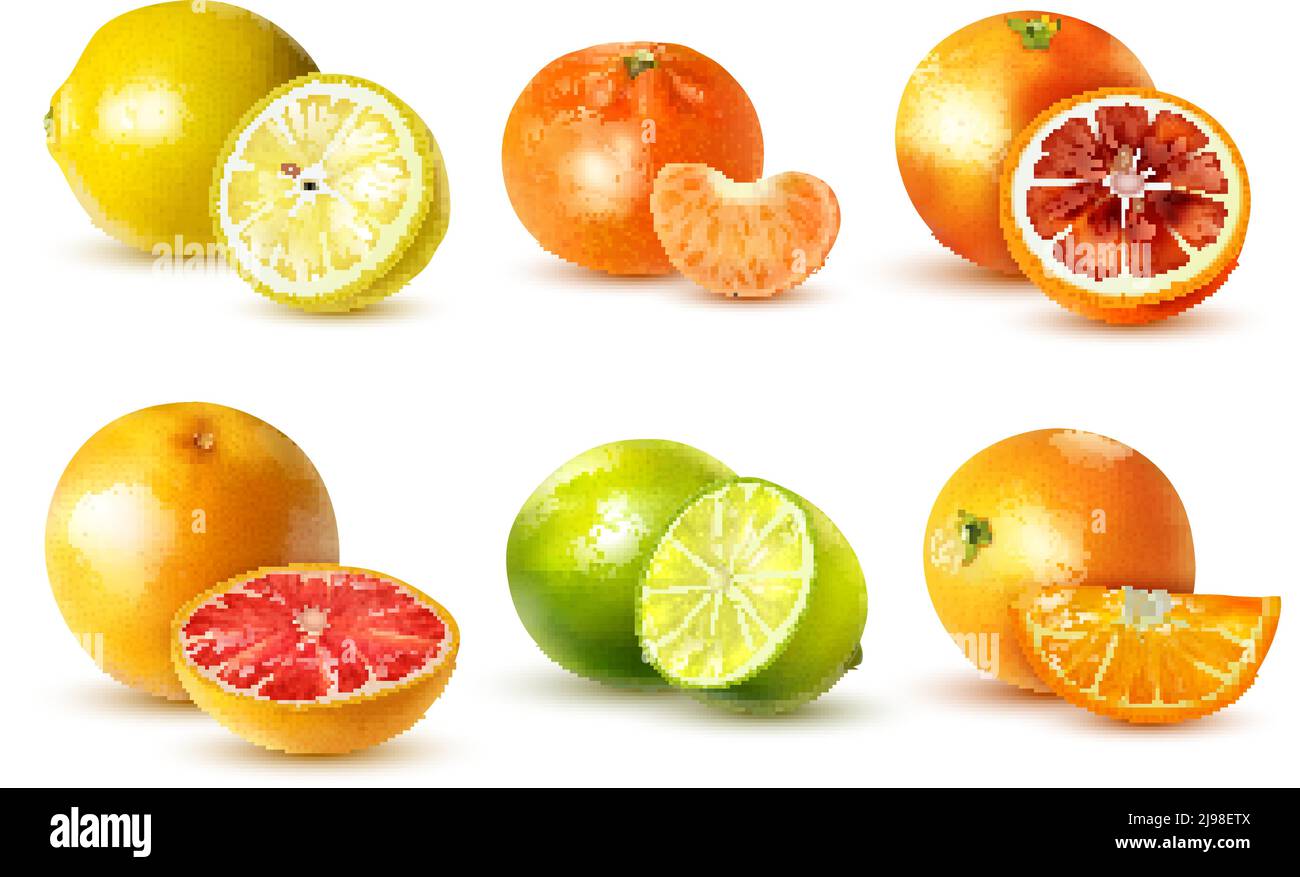 Realistic citrus fruits set with lemon lime orange grapefruit tangerine ...