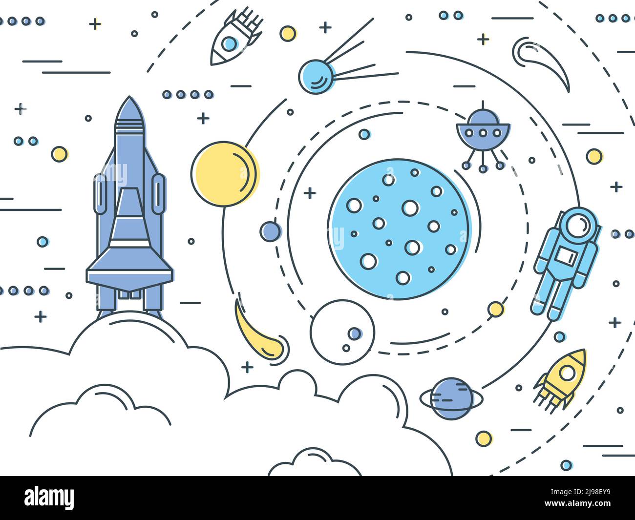 Space line art design with galaxy and astronaut launch of shuttle ...
