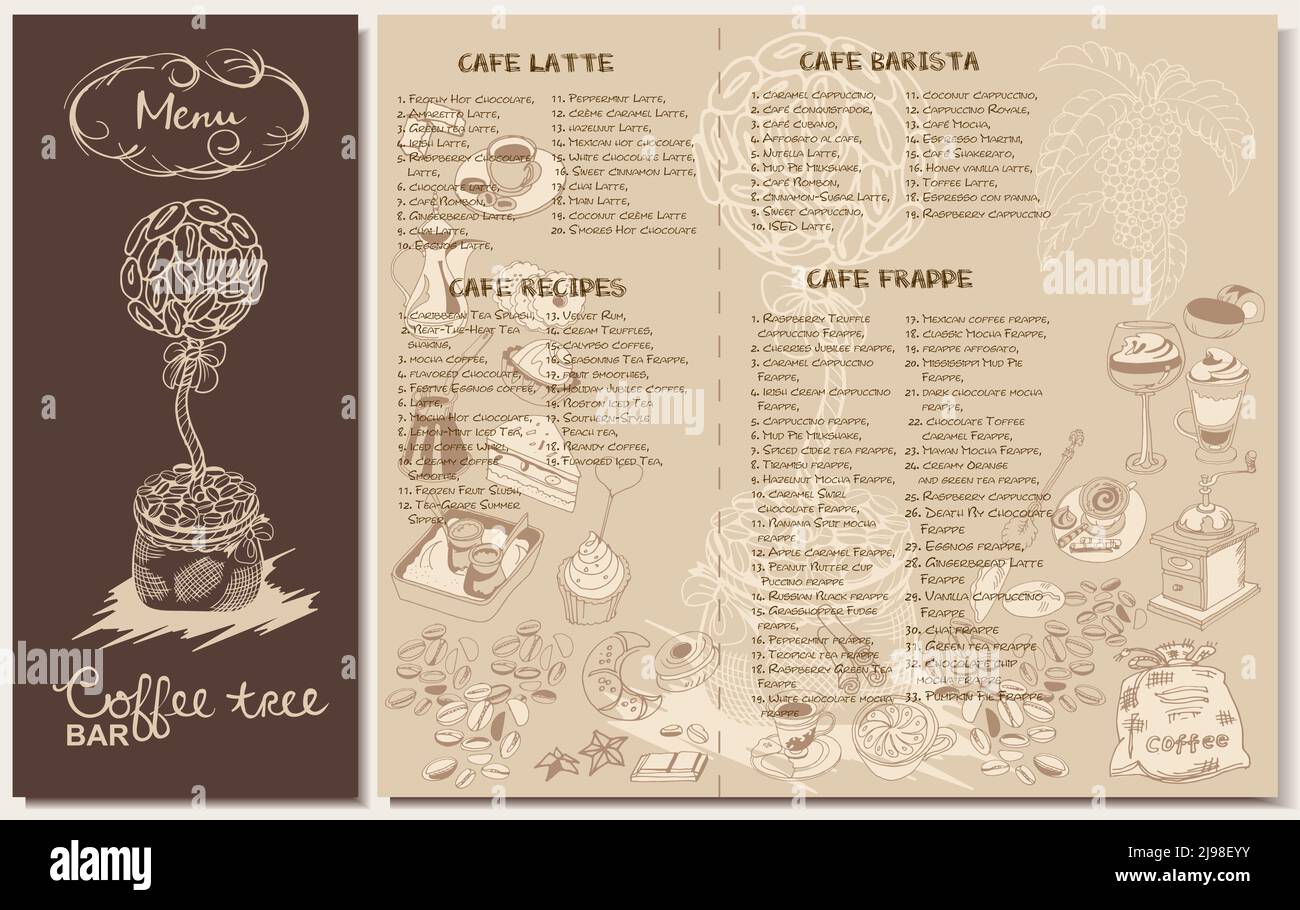 Doodle coffee restaurant menu template with different sorts recipes ...