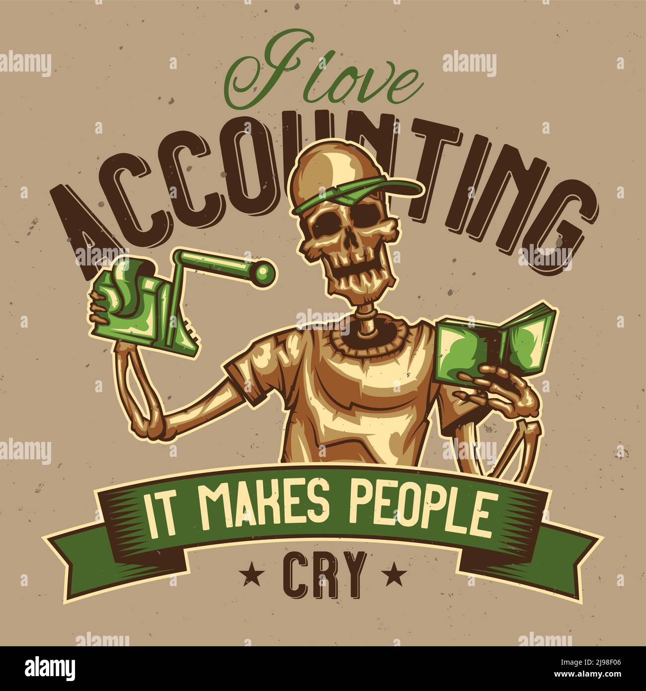 T-shirt or poster design with illustration of a skeleton accountant ...