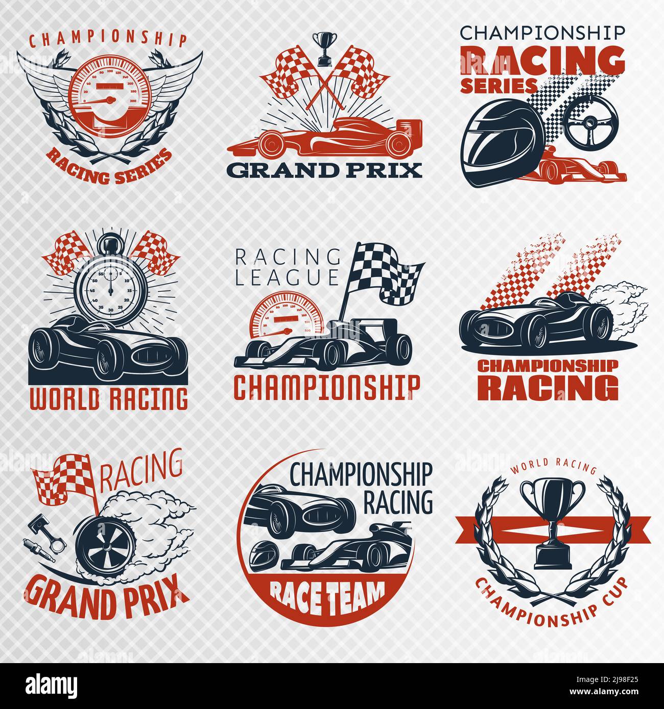 Racing emblem set in color different shapes with descriptions ...