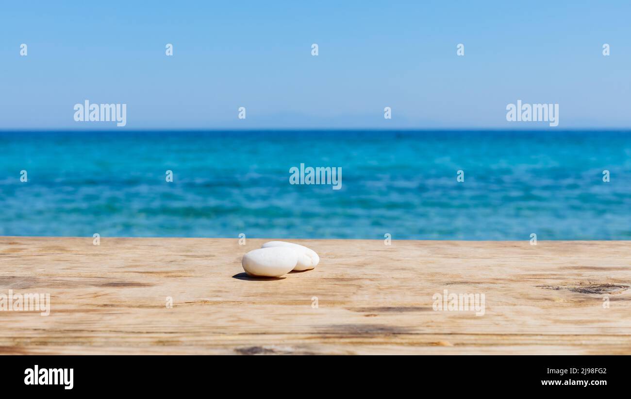 Wood table top on blur summer blue sea. Empty wooden table on the ...