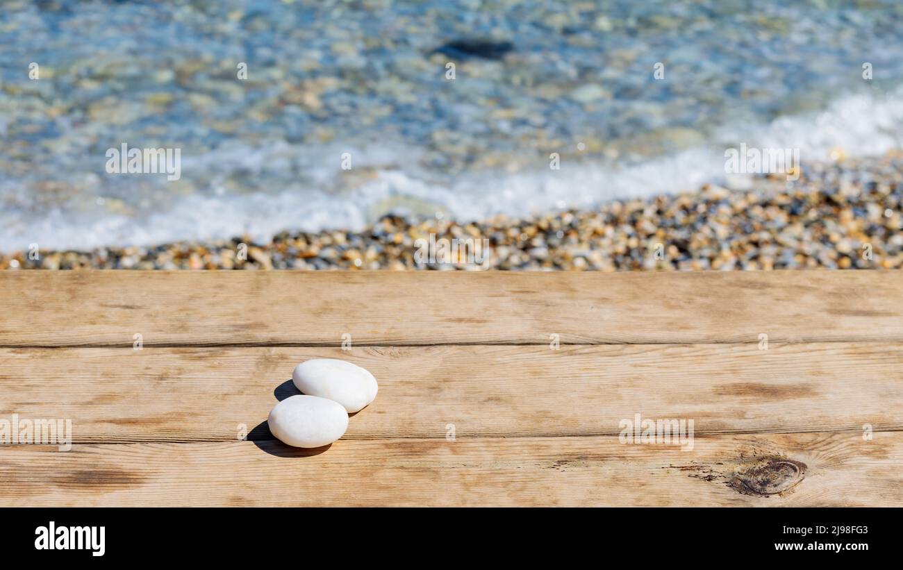 Wood table top on blur summer blue sea. Empty wooden table on the ...