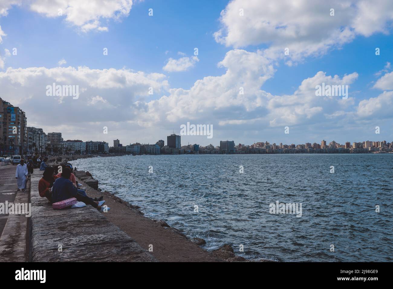 Panoramic view of the city Embankment and the Port with Road, Buildings ...