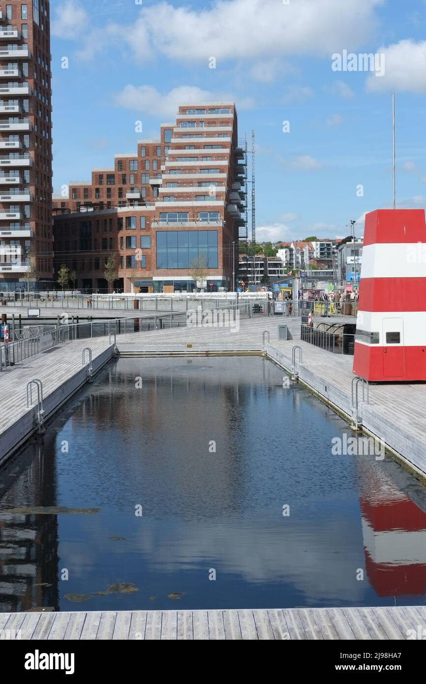 View across one of the swimming pools of Bassin 7 at Aarhus island ...