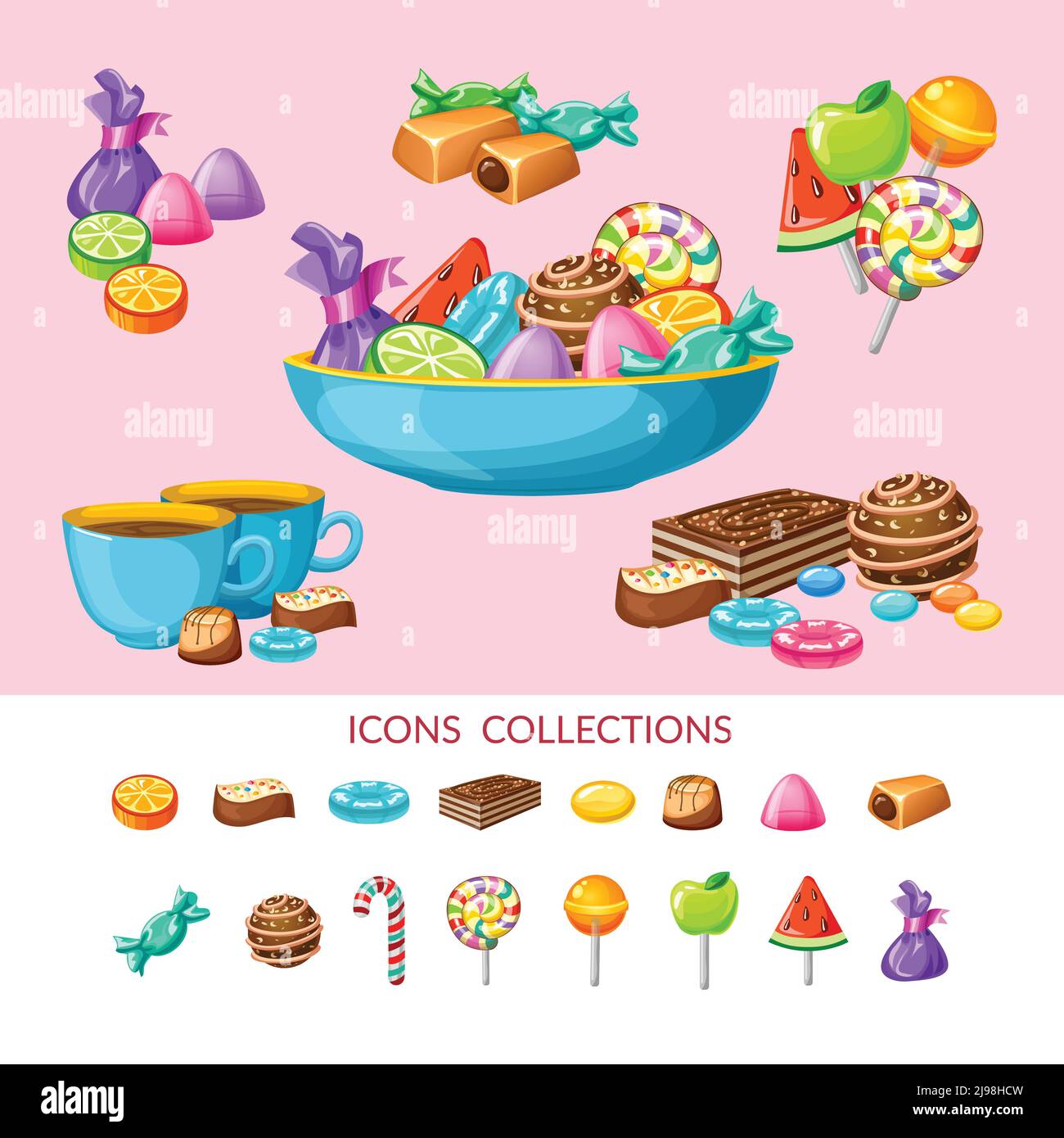 Sweet candy icon set composition with candies laid out on plates and in ...