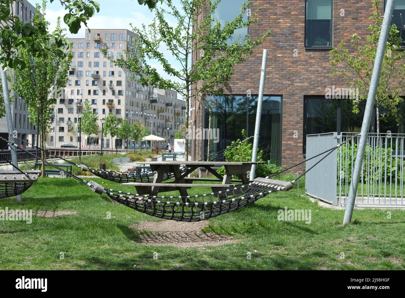 Hammock in public gardens at Aarhus island (Aarhus Ø) modern urban ...