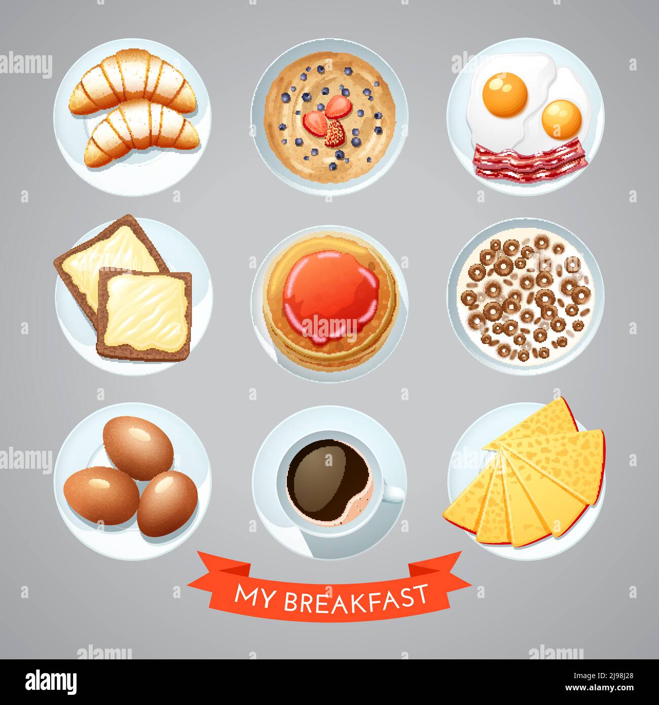 Poster of traditional european breakfast food elements on grey ...