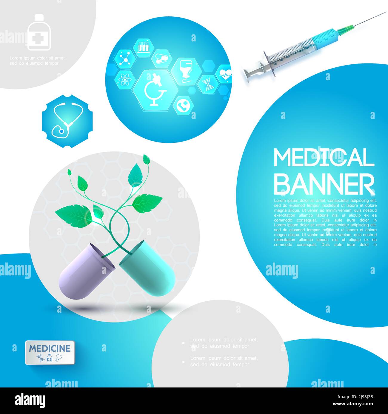 Realistic medical care template with syringe broken capsule with plant ...