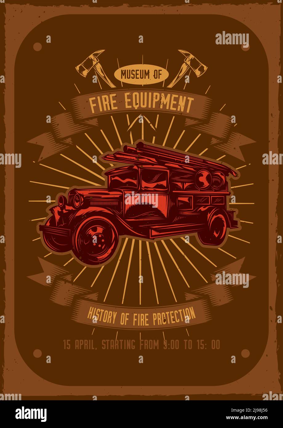 T-shirt or poster design with illustraion of fire truck with axes on ...