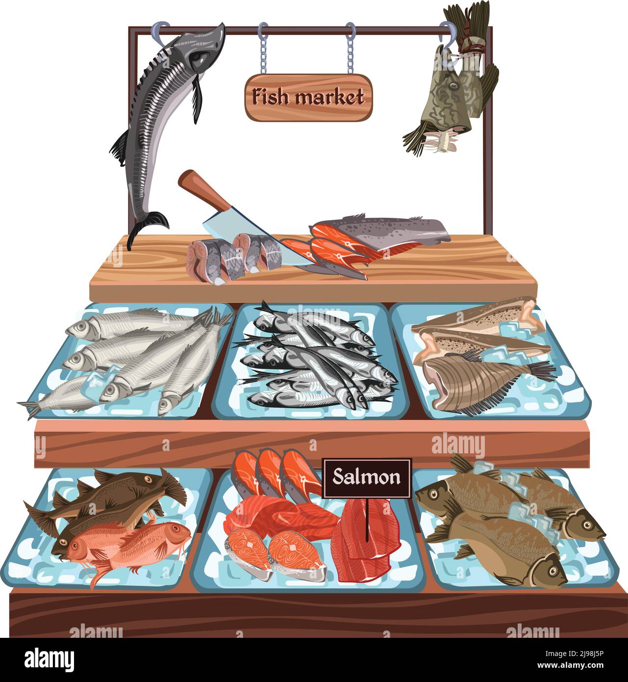 Sketch seafood market concept with herring trout carp salmon flounder ...