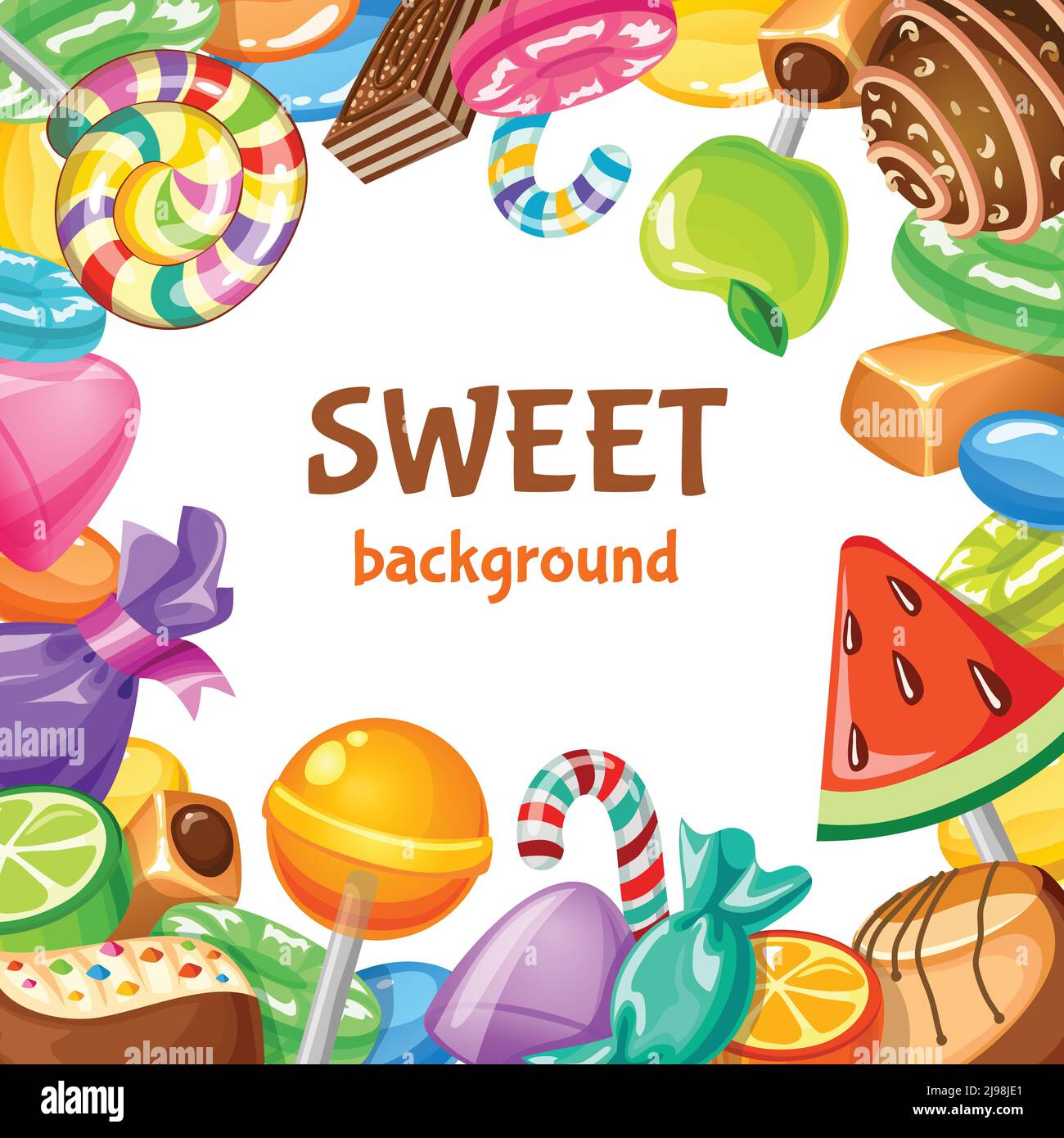 Colored sweet candy background with different types of desserts candies ...