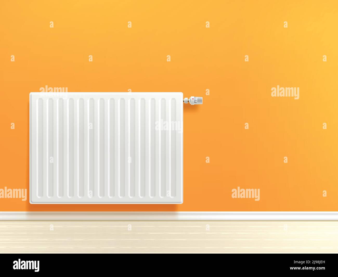 Realistic white heating radiator on orange room wall vector ...