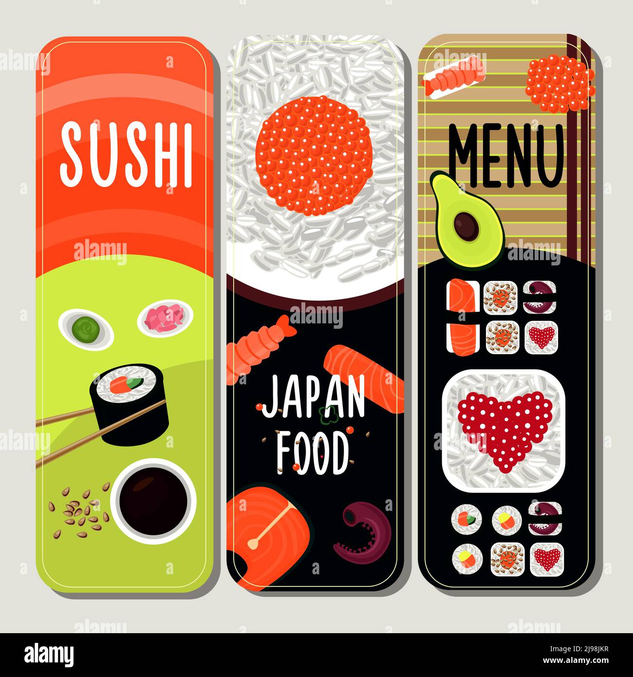 Traditional japanese food vertical banners with ingredients for sushi ...