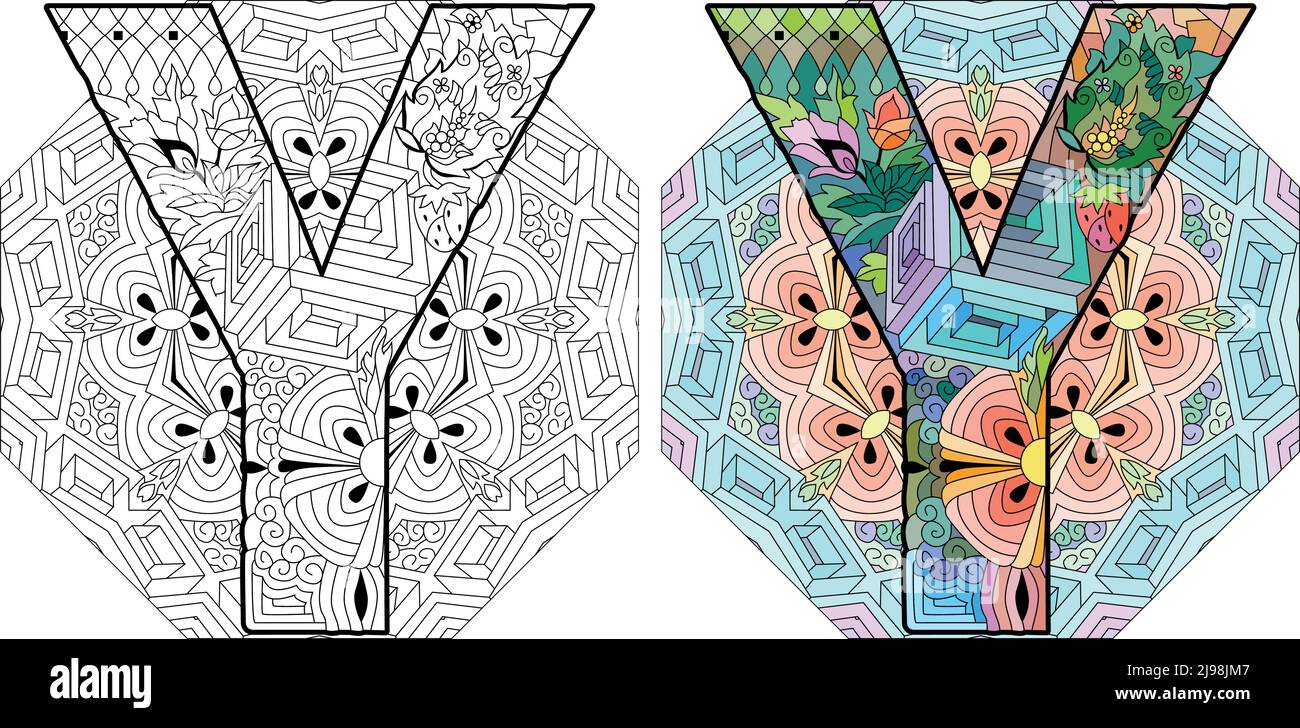 Zentangle stylized alphabet - letter Y on mandala for coloring. Vector ...