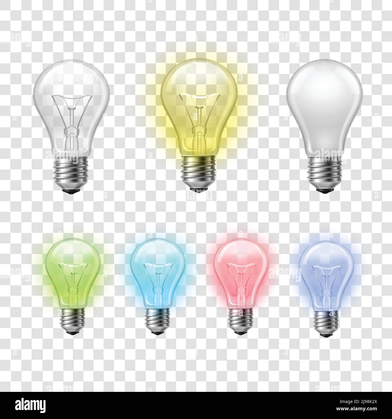 Rainbow colored transparent glass light bulbs pictograms set on and off ...