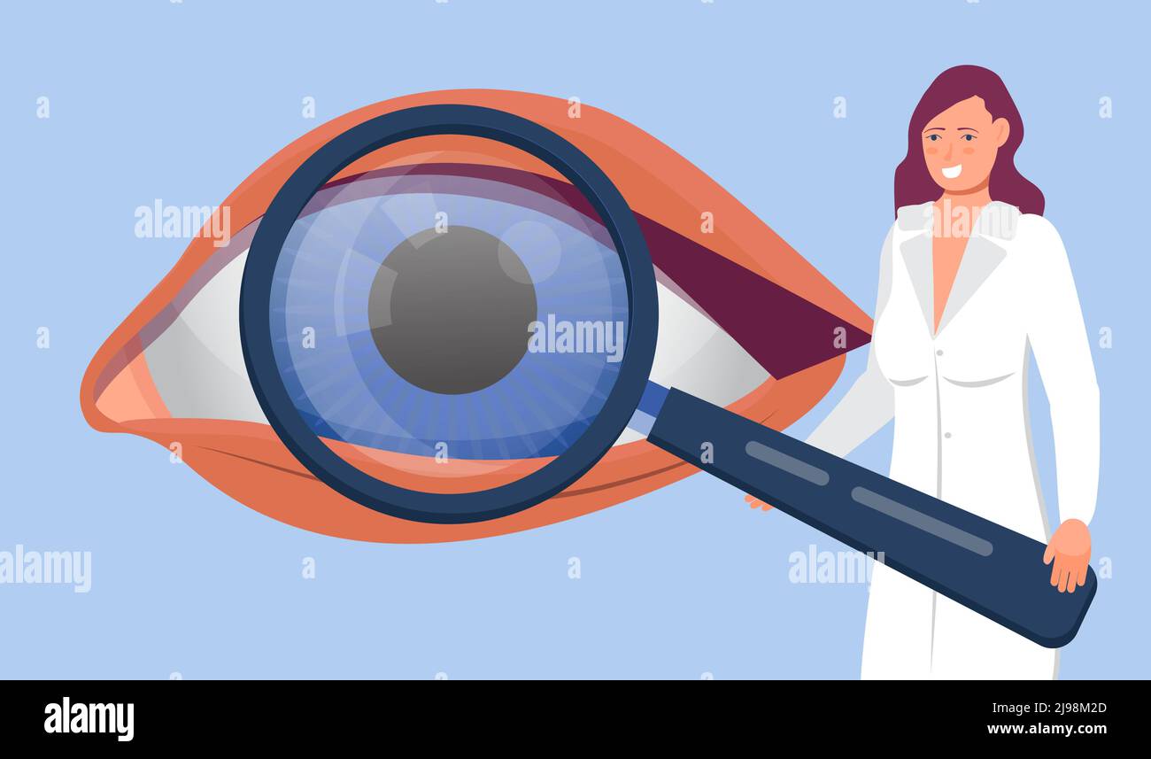 Ophthalmologist looks through a magnifying glass at human eye concept ...