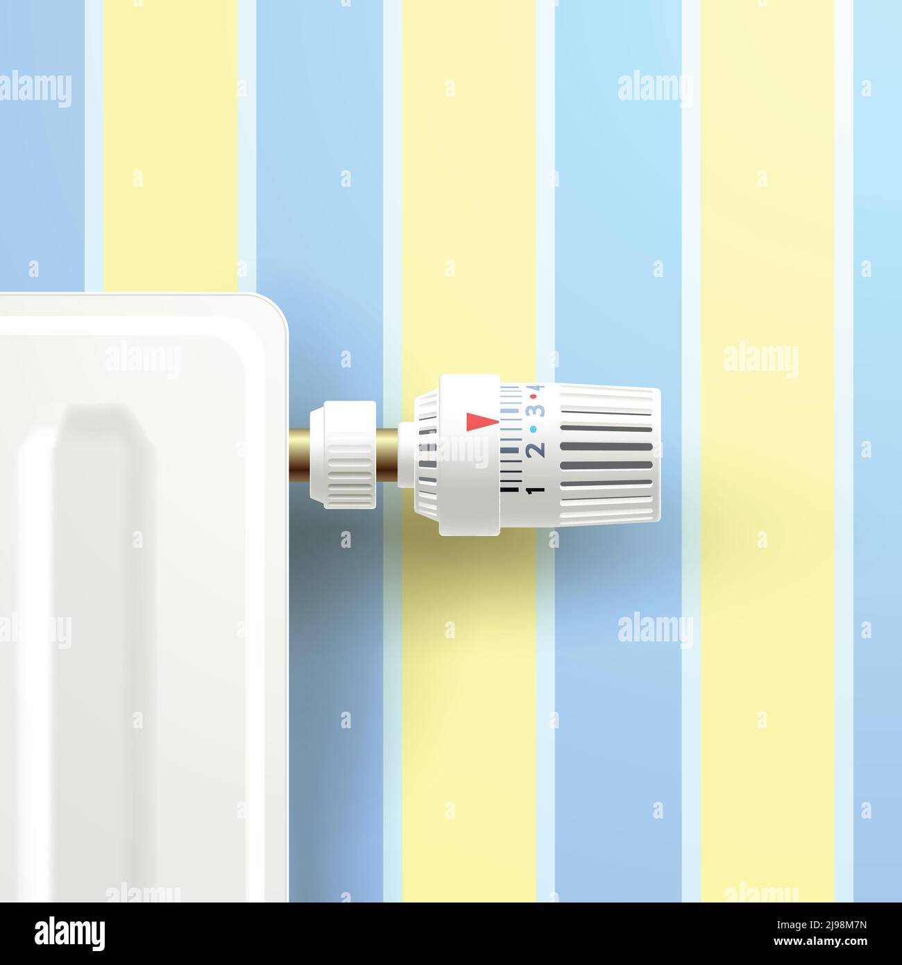 Realistic heating radiator with temperature knob on room wallpaper ...