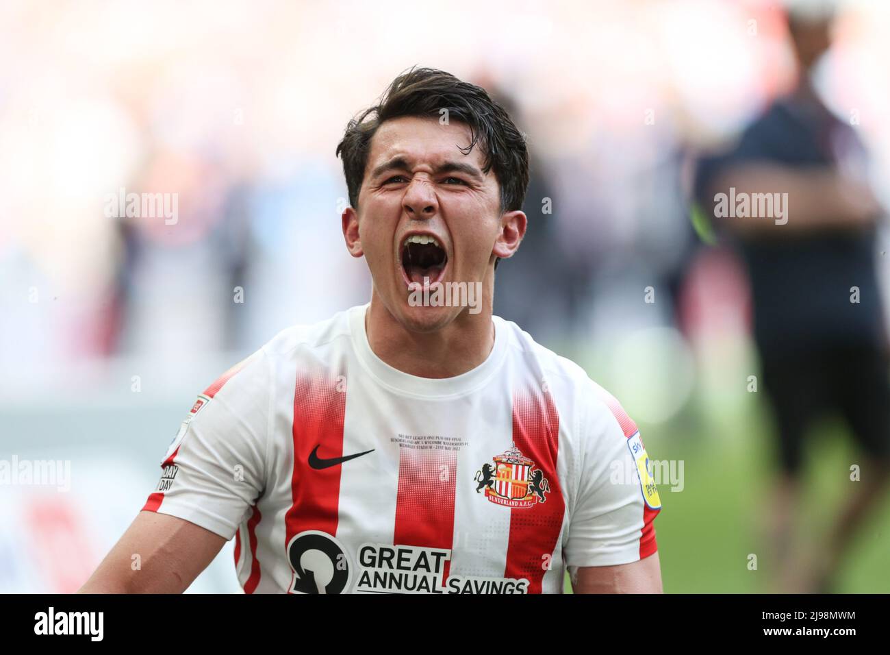 Luke O'Nien #13 of Sunderland celebrates promotion at the final whistle ...