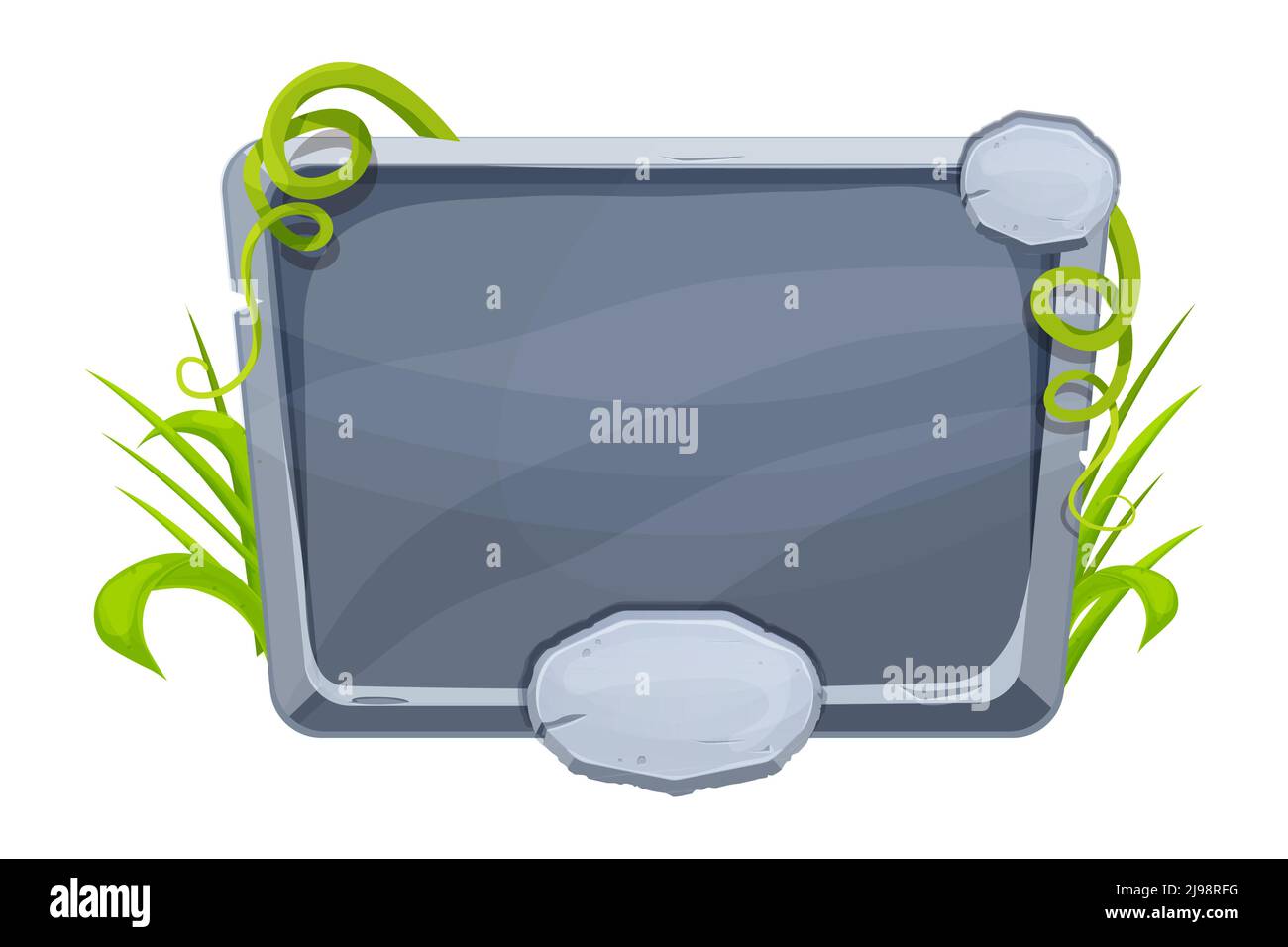 Jungle stone frame with grass and liana, user interface, menu board in comic cartoon style ...