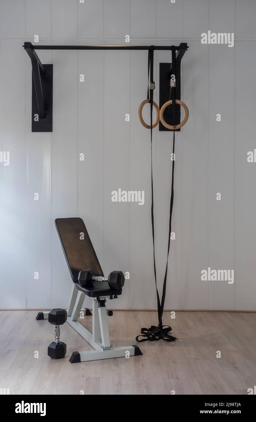 Room without people with rings and pull-up bar in a gym. Dumbbells next ...