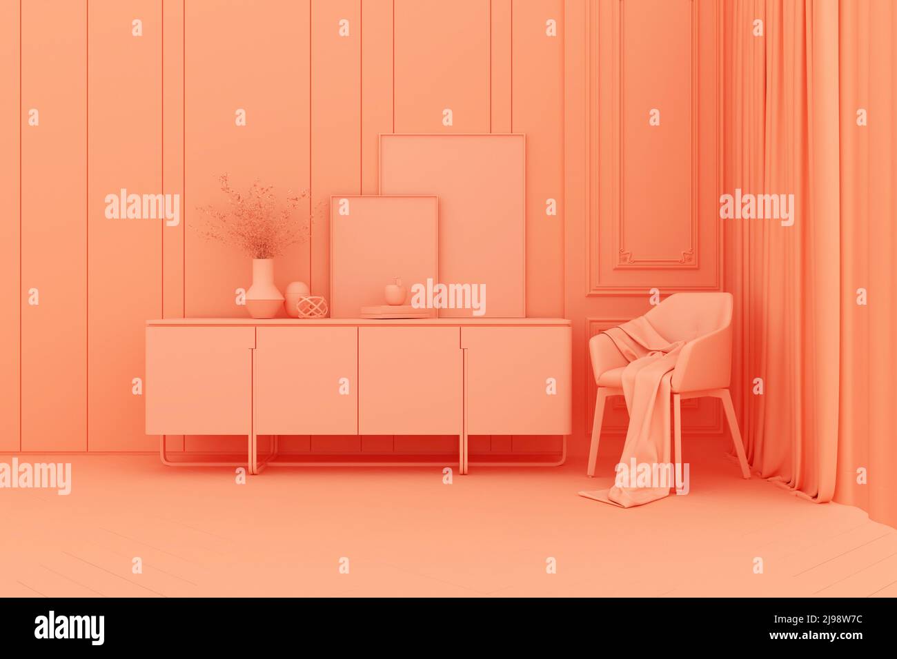 Pink-orange interior scene with entryway cabinet, picture frame ...