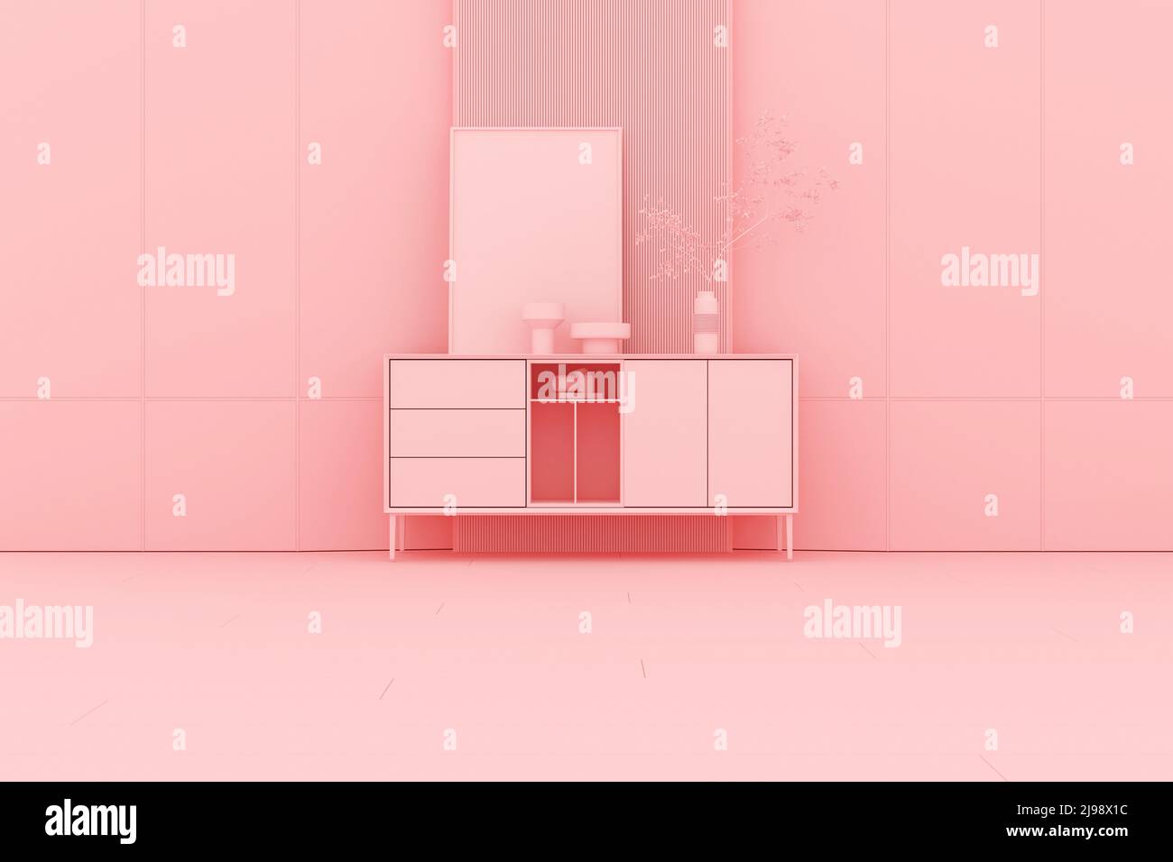 Pink color interior scene with entryway cabinet, picture frame ...