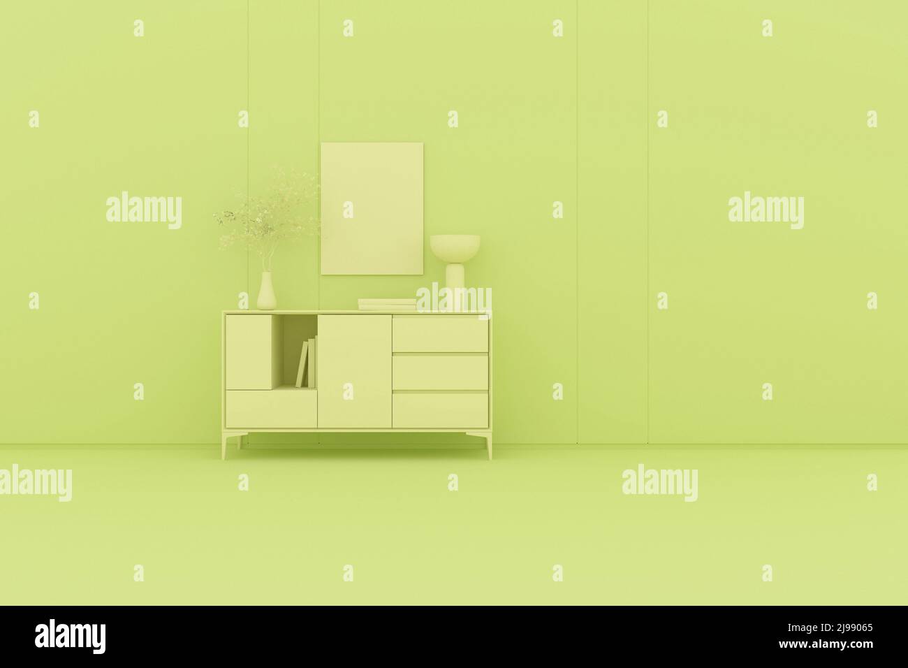 Pink-green interior scene with entryway cabinet, picture frame ...