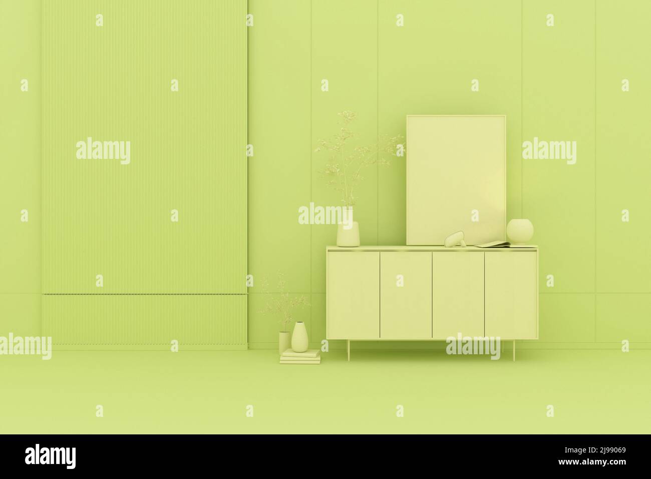 Pink-green interior scene with entryway cabinet, picture frame ...