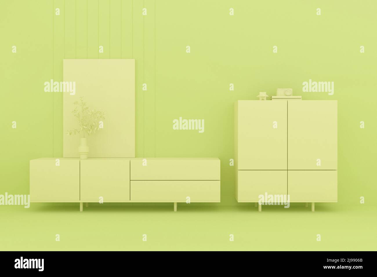 Pink-green interior scene with entryway cabinet, picture frame ...