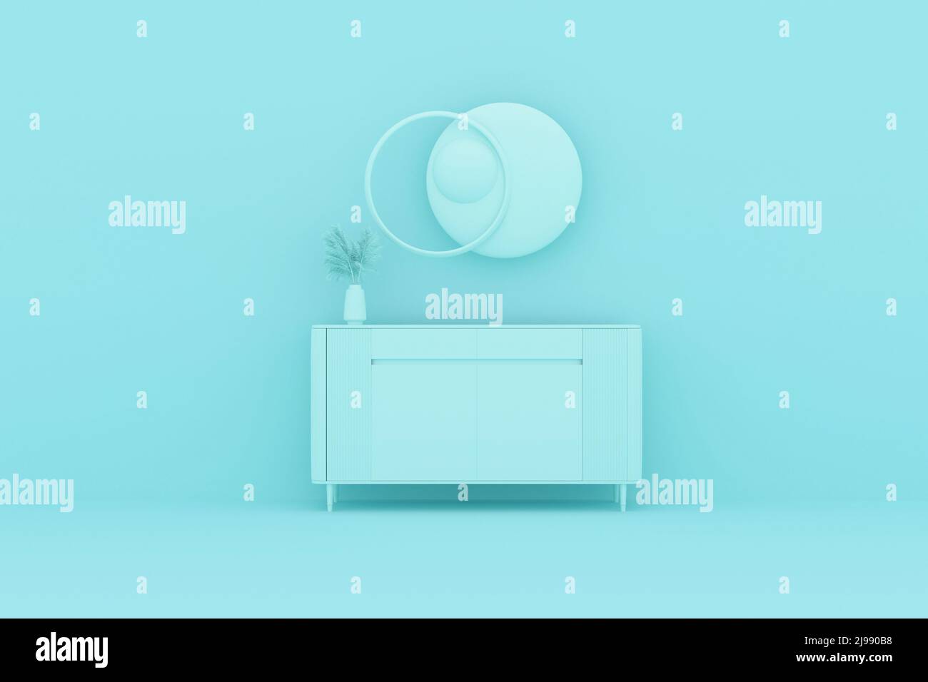 Pink-blue interior scene with entryway cabinet, picture frame ...